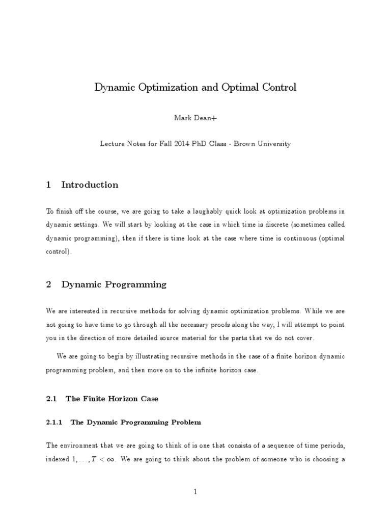 Notas - Dynamic Optimation and Optimal Control | PDF | Dynamic ...