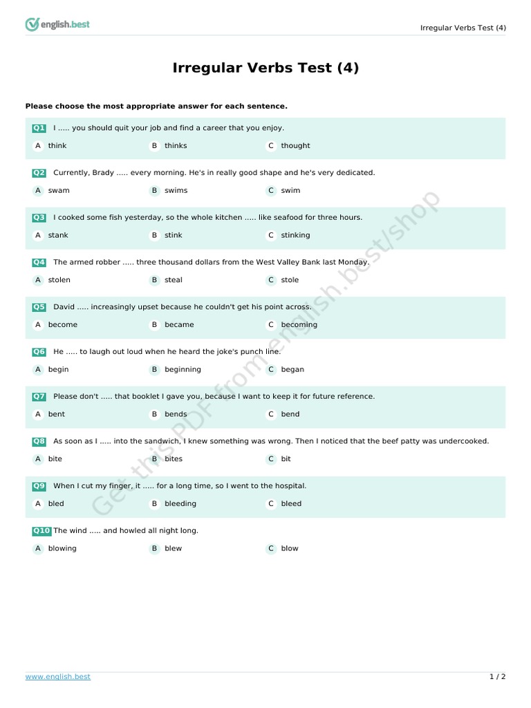 Irregular Verbs Practice Test | PDF | Nature | Foods