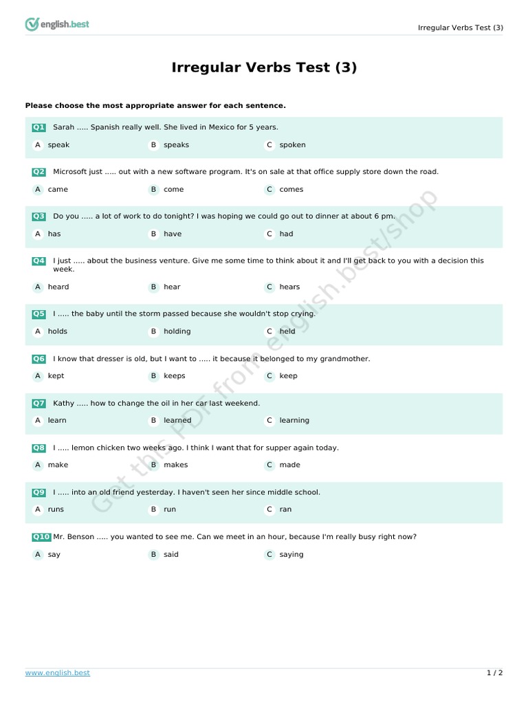 Irregular Verbs Quiz | PDF