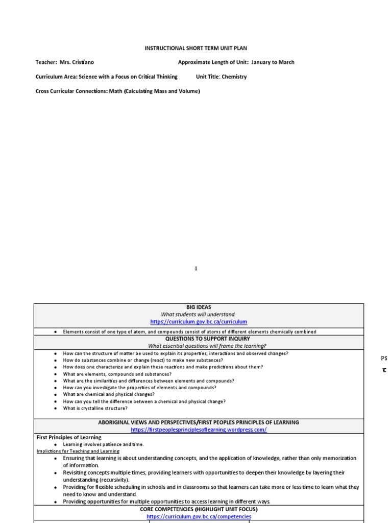 Chemistry Unit Plan for Critical Thinking | PDF | Chemical Compounds ...