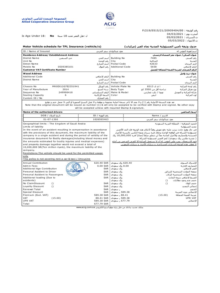 Motor Vehicle schedule for TPL Insurance (vehicle/s) (ﻣ ﺮ ﻛ ﺒ ﺎ ت) ا ﻟ ...