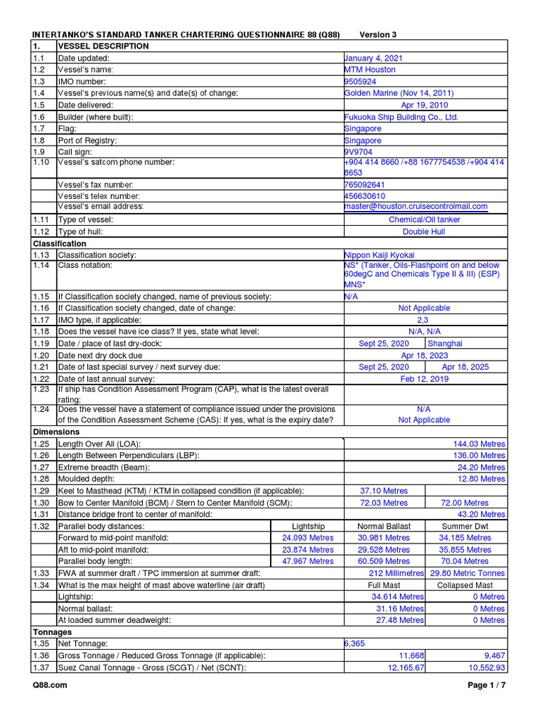 MTM Houston - Q88 | PDF | Tonnage | Oil Tanker
