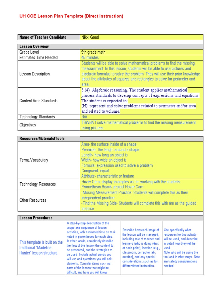 Pop Cycle 1 - Math Revised Lesson Plan-Direct Instruction | PDF | Area ...