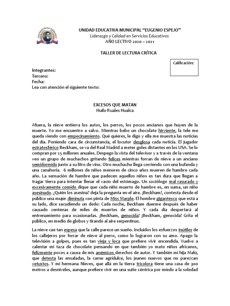 Huilo Ruales Hualca - Excesos Que Matan - Taller | PDF