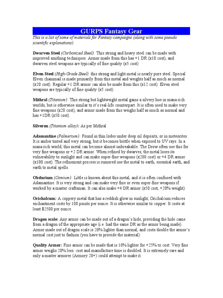 GURPS - Fantasy Gear | PDF | Metals | Armour