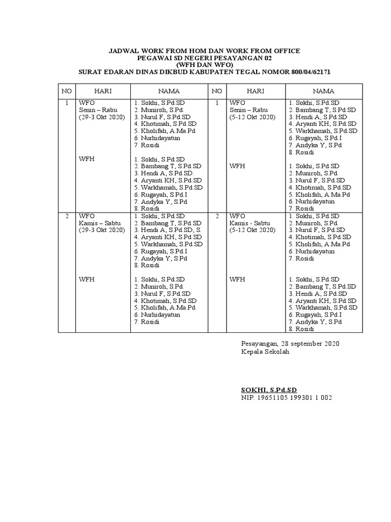 Jadwal Kehadiran WFH, Wfo | PDF