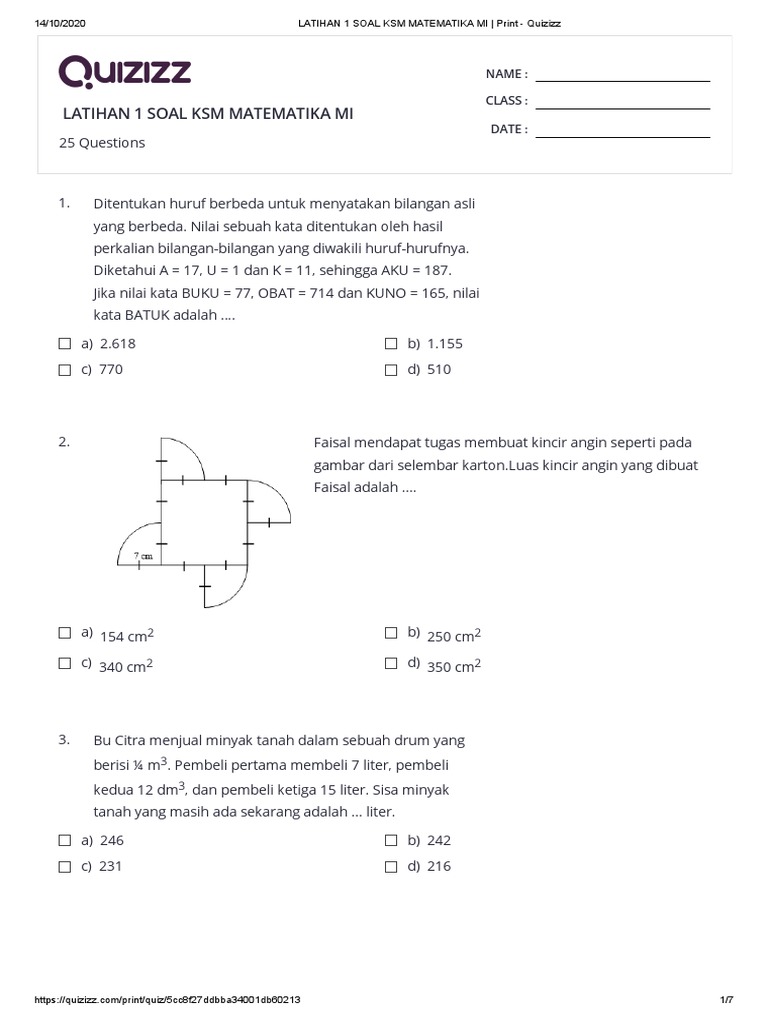 Latihan 1 Soal KSM Matematika Mi | PDF