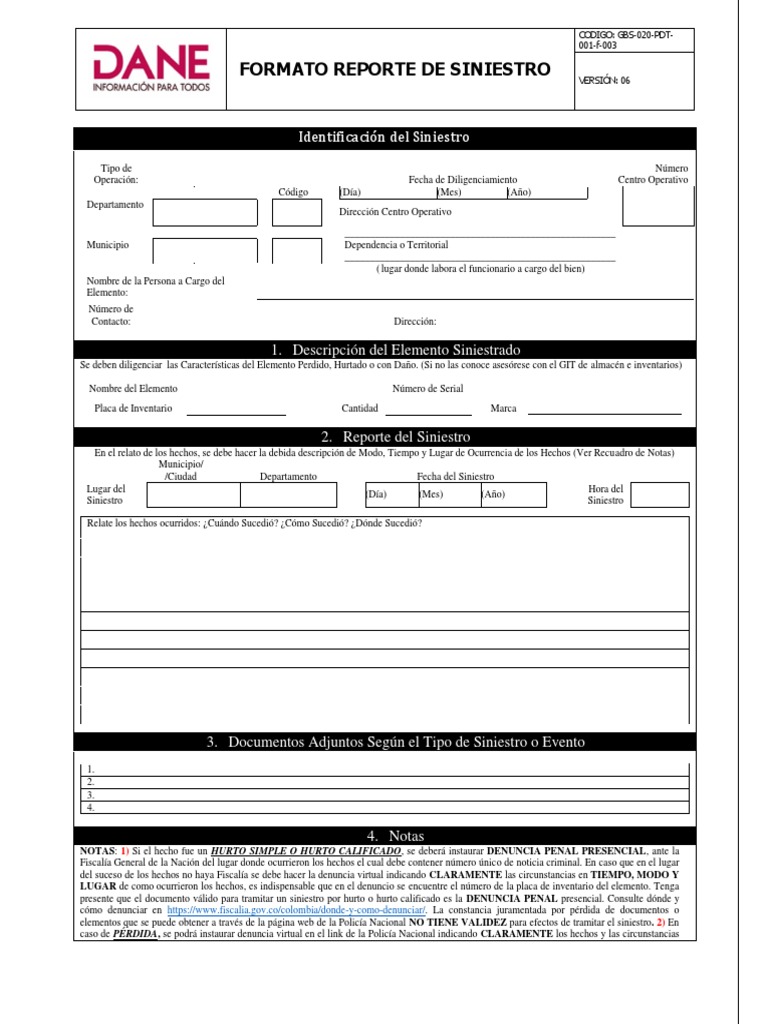 Formato Reporte de Siniestro: Identificación Del Siniestro | PDF | Robo | Policía