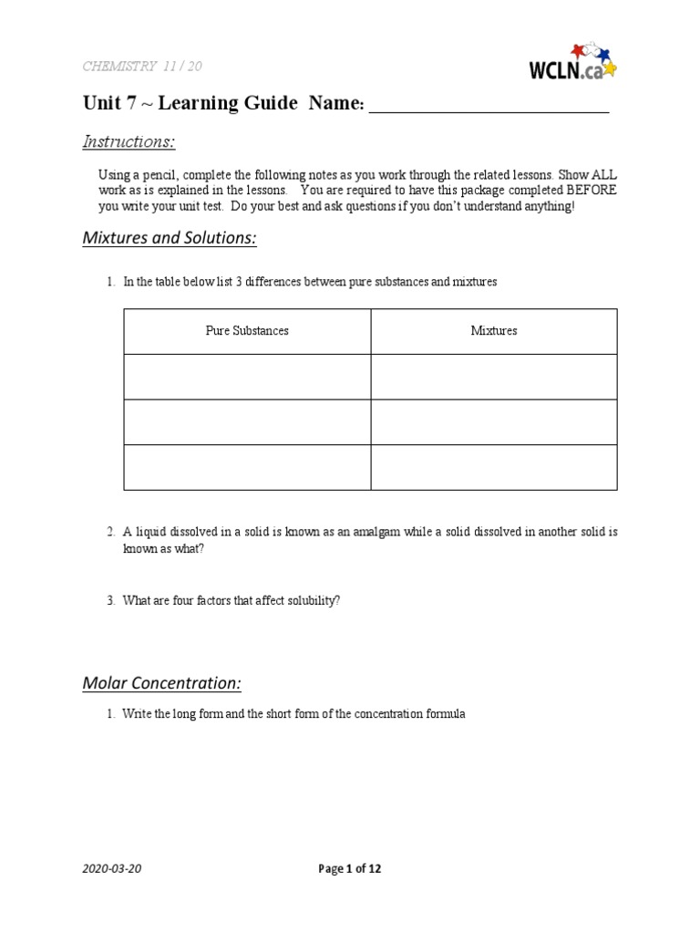 Unit 7 Learning Guide Name: Instructions | PDF | Solution | Hydroxide