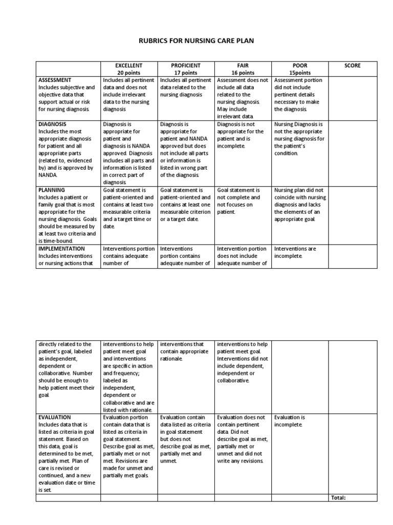 Rubric for Evaluating Nursing Care Plans | PDF | Nursing | Goal