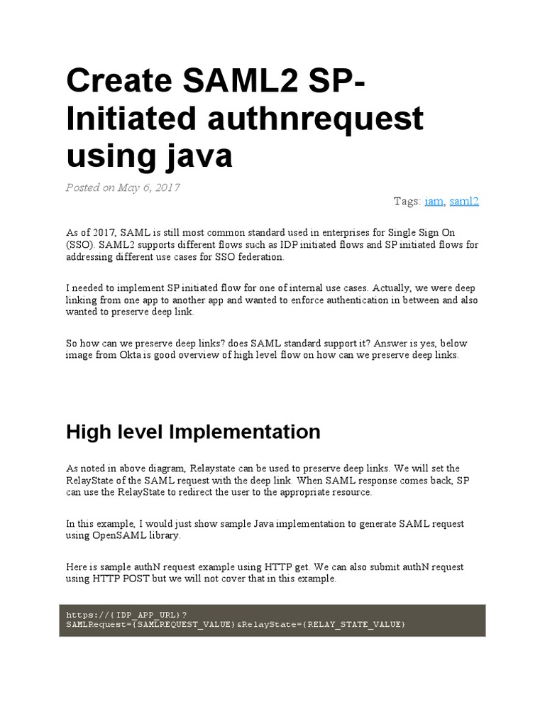 Create SAML2 SP-Initiated Authnrequest Using Java: High Level Implementation | PDF
