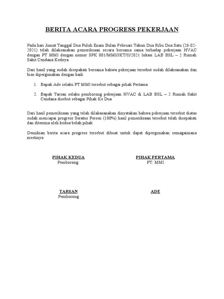 Berita Acara Progress Pekerjaan HVAC | PDF