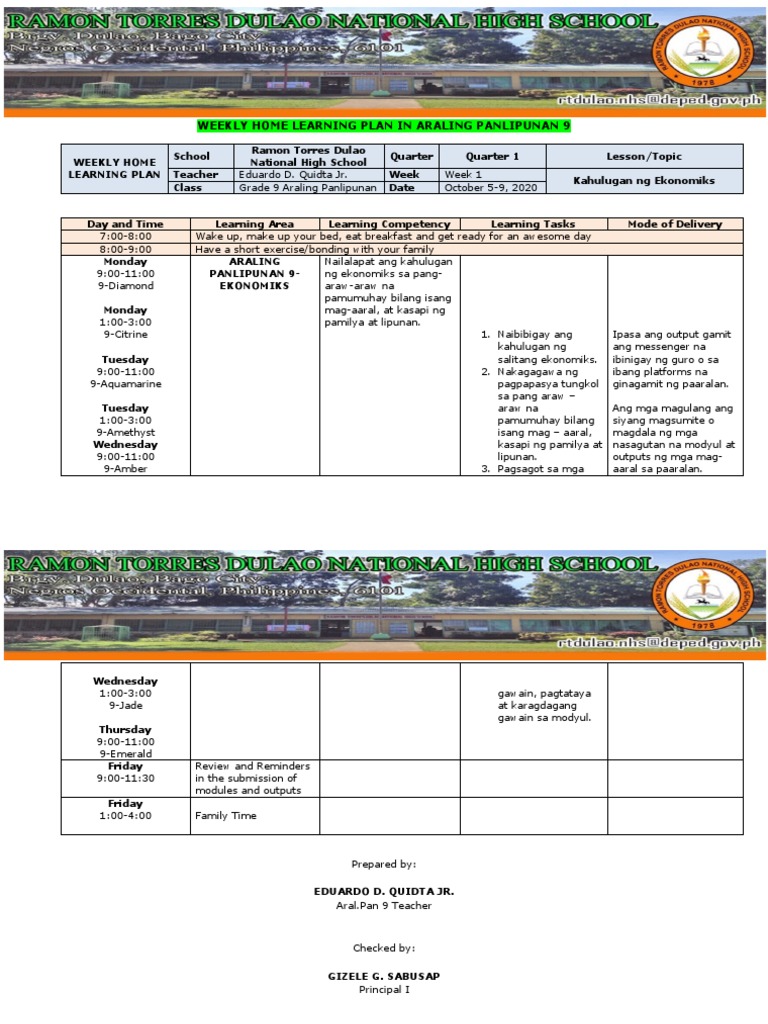 Weekly Home Learning Plan in Araling Panlipunan 9 | PDF