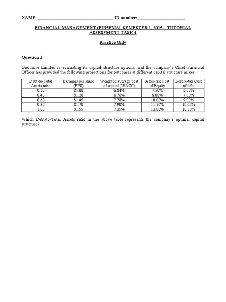 FIN5FMA Tutorial Assessment Task 4 - Practice | PDF | Capital Structure ...