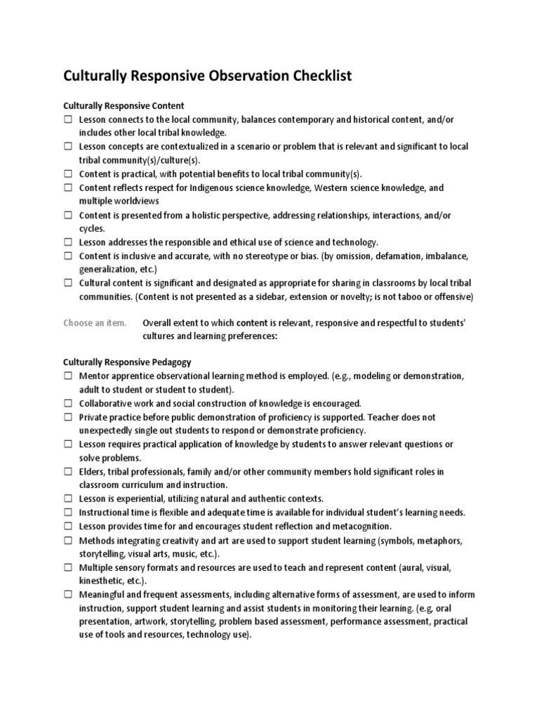 EC - Culturally Responsive Observation Checklist | PDF | Storytelling ...