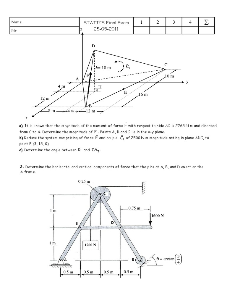 Statics Final Exam Questions and Solutions | PDF | Motion (Physics ...