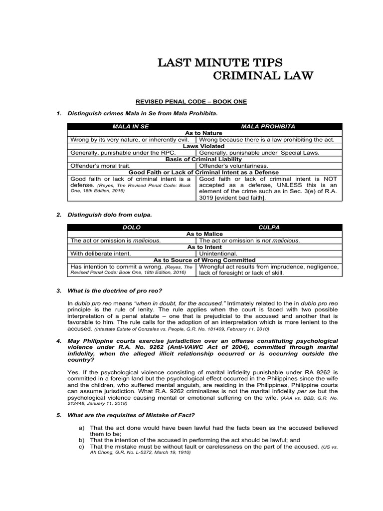 Criminal Law Last Minute Tips: Mala in Se Mala Prohibita | PDF ...