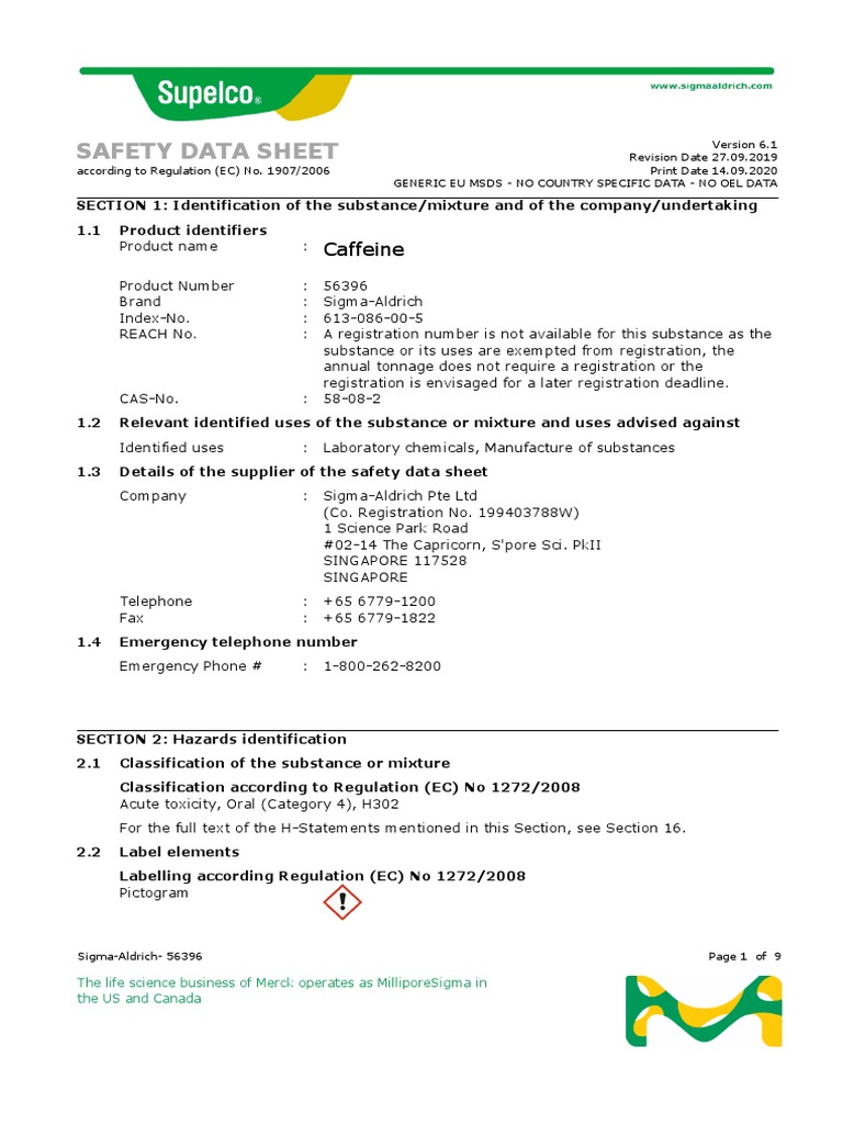Safety Data Sheet: Caffeine | PDF | Toxicity | Dangerous Goods