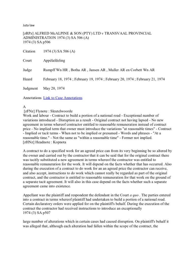 Alfred McAlpine and (Pty) LTD V Transvaal Provincial Administration ...