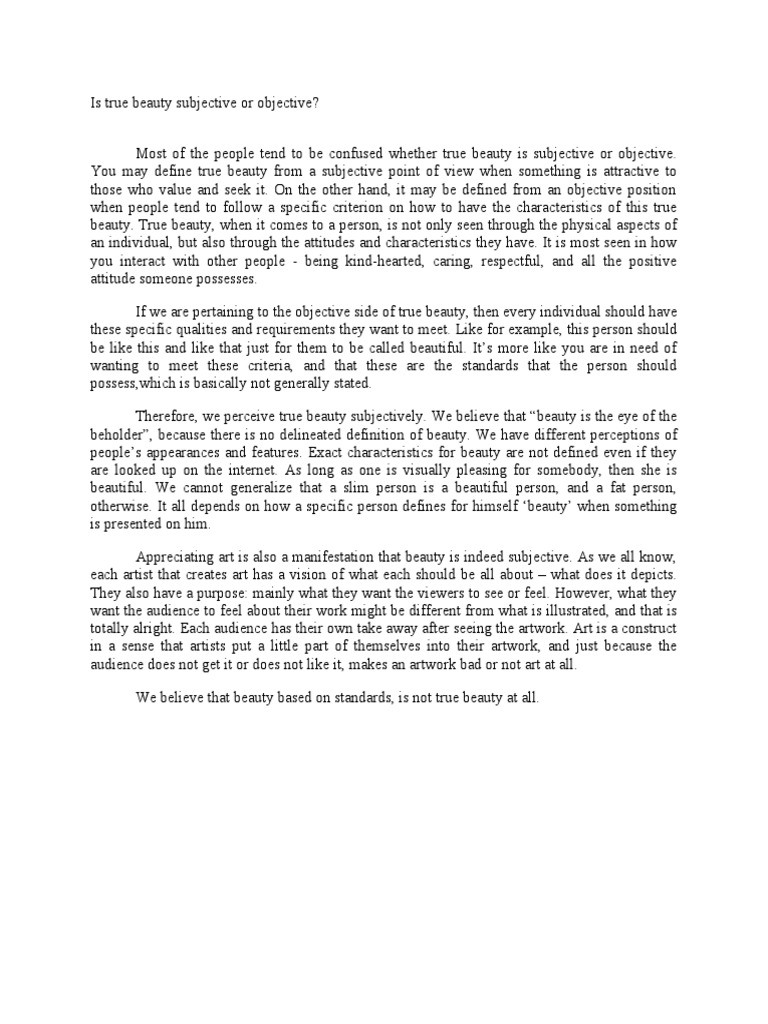 Is True Beauty Subjective or Objective - Yla | PDF | Beauty | Perception