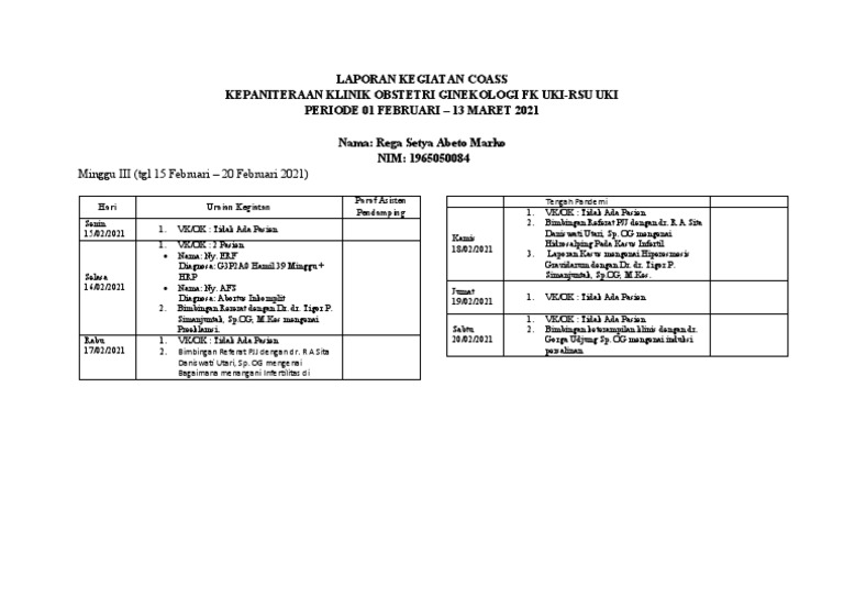 Laporan Kegiatan Minggu 3 - Rega Setya Abeto Marko - 1965050084 | PDF