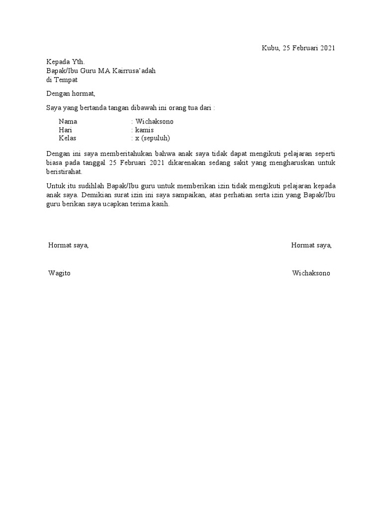 Contoh Surat Izin Sakit Sekolah | PDF