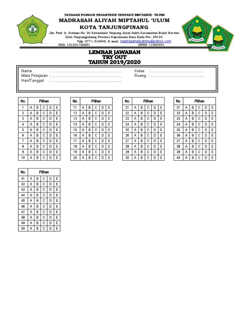 Lembar Jawaban Try Out | PDF