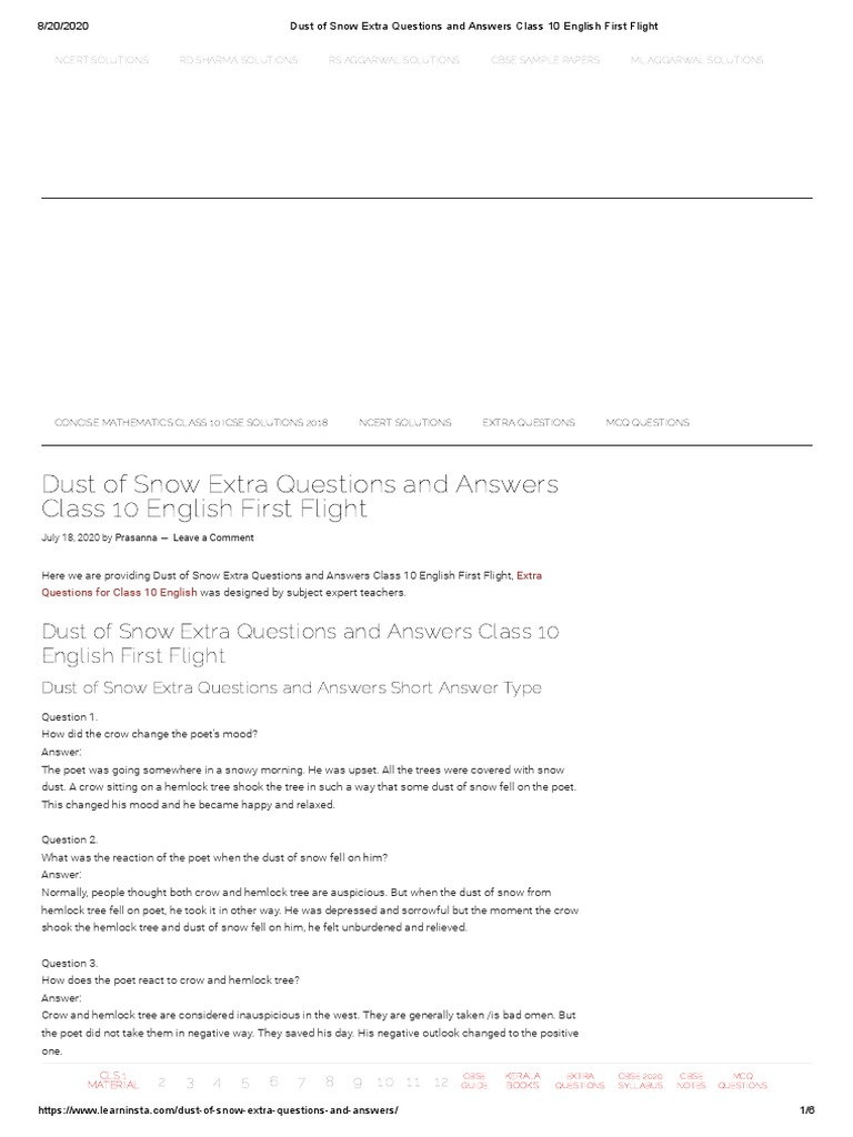 Dust of Snow Extra Questions and Answers Class 10 English First Flight ...