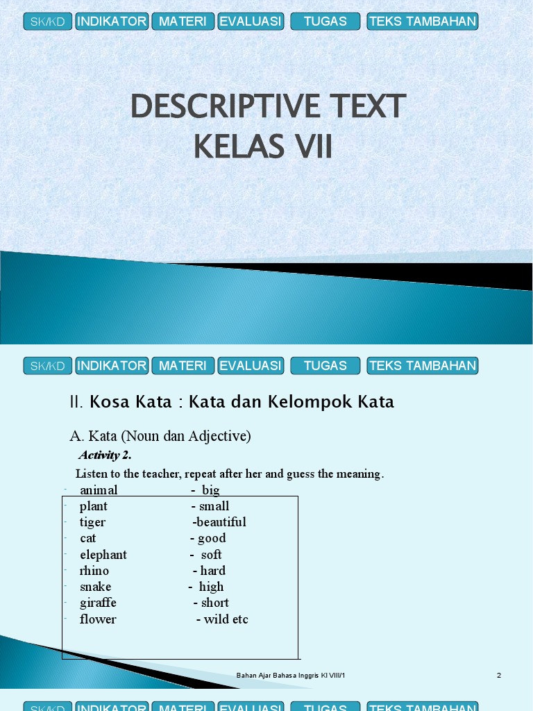 Descriptive Text Kelas Vii: Evaluasi Tugas Teks Tambahan Indikator ...
