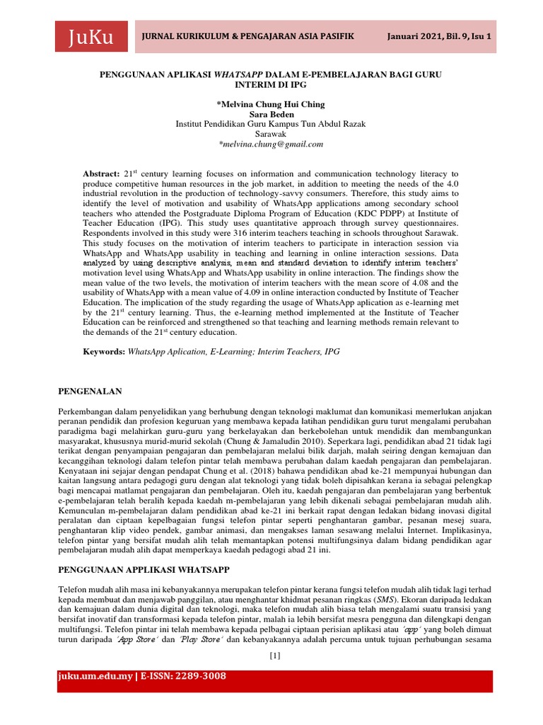 Penggunaan Aplikasi Whatsapp Dalam E-Pembelajaran Bagi Guru Interim Di Ipg Melvina Chung Hui ...