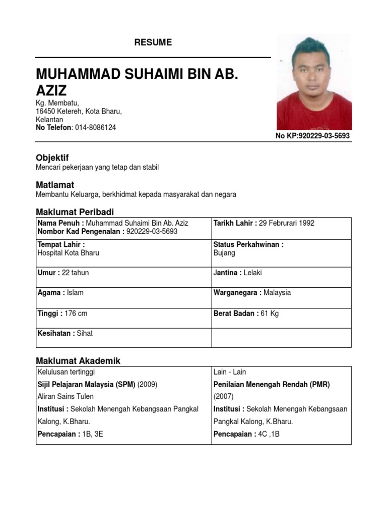 Contoh Resume (BAHASA MELAYU) - MUHAMMAD SUHAIMI BIN AB. AZIZ | PDF