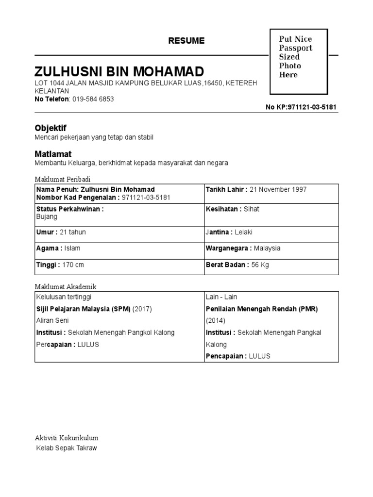 Contoh Resume (BAHASA MELAYU) - ZULHUSNI BIN MOHAMAD | PDF