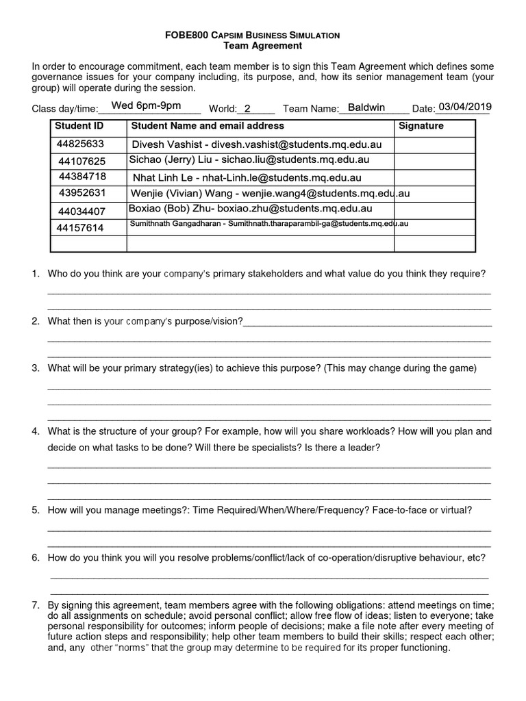 Capsim Team Agreement | PDF | Human Nature | Communication