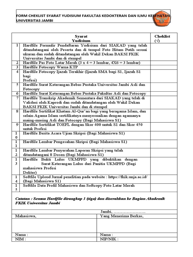 Form Checklist Syarat Yudisium Mahasiswa FKIK Universitas Jambi (1 ...