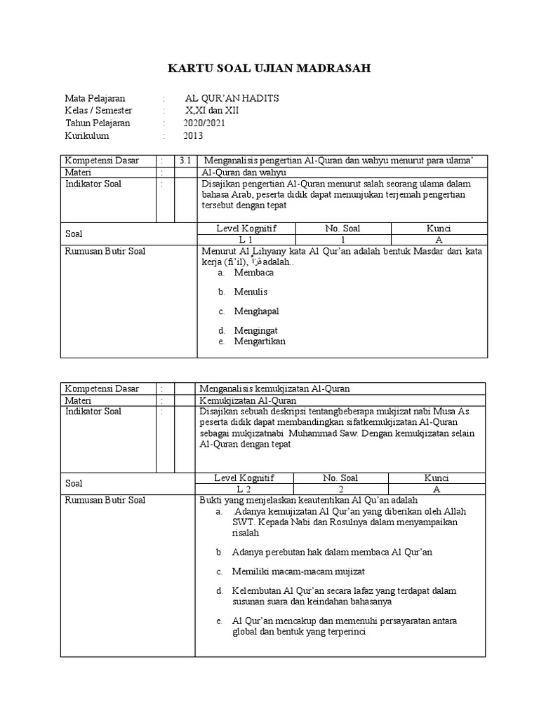 Kartu Soal Ujian Madrasah Aliyah Nurul Ulum 2021 Pdf