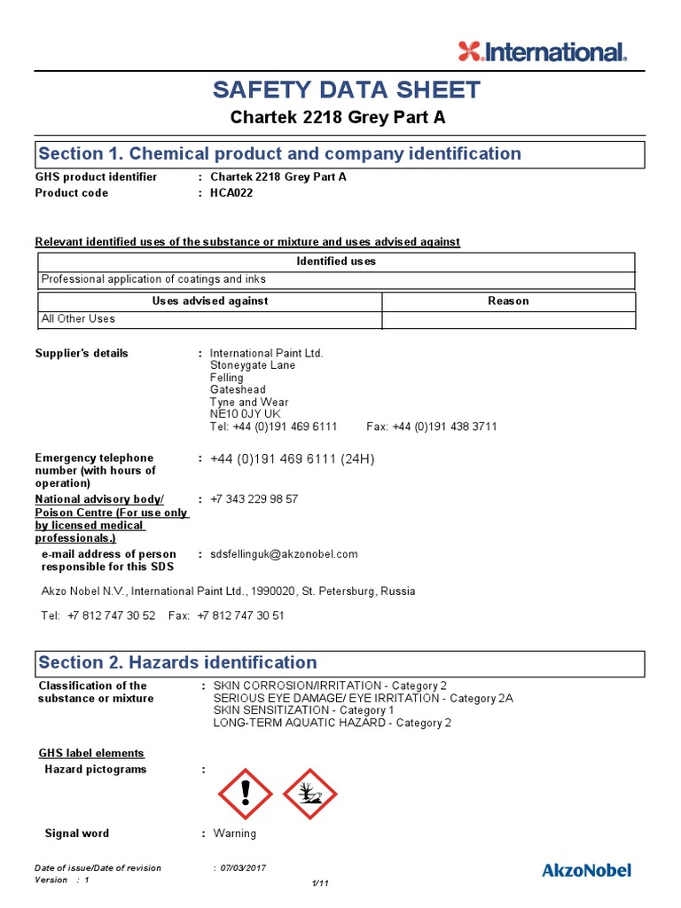 SDS-C8 HCA022 Chartek 2218 Grey Part A - Eng | PDF | Toxicity ...