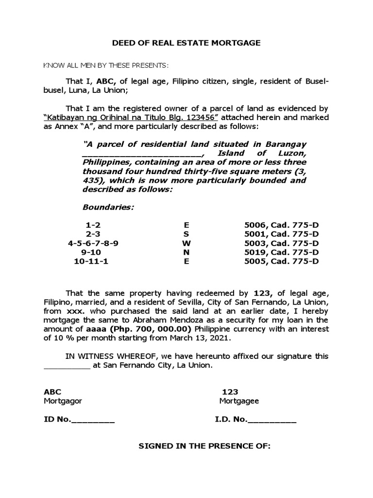 DEED OF REAL ESTATE MORTGAGE Sample | PDF