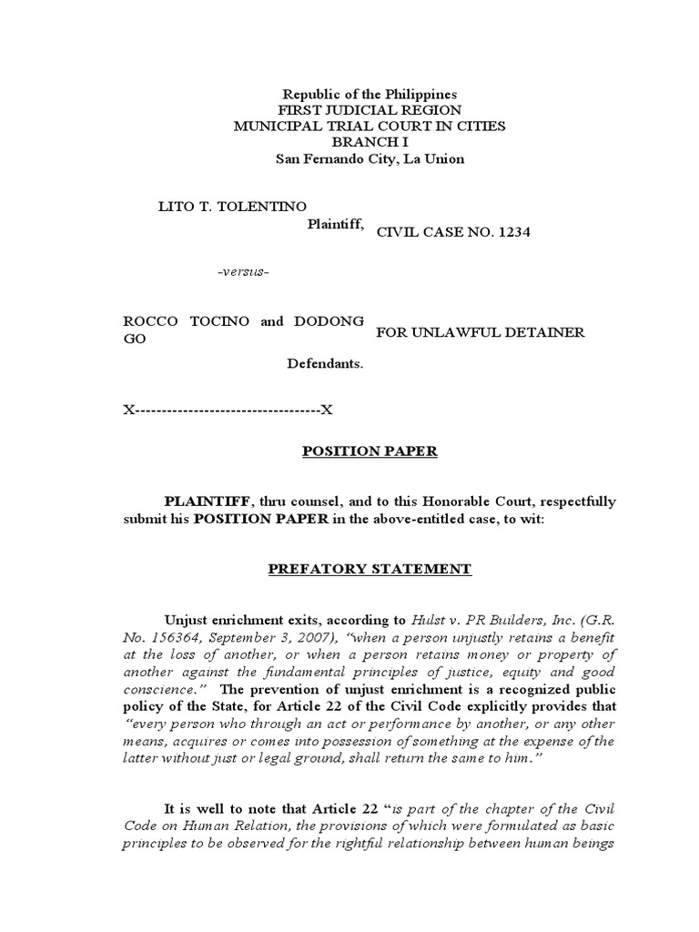 POSITION-PAPER Sample | PDF | Lease | Eviction