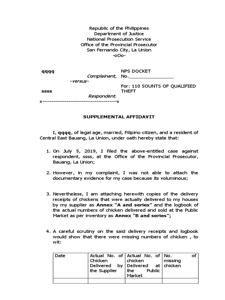 Supplemental Affidavit for Theft Case | PDF