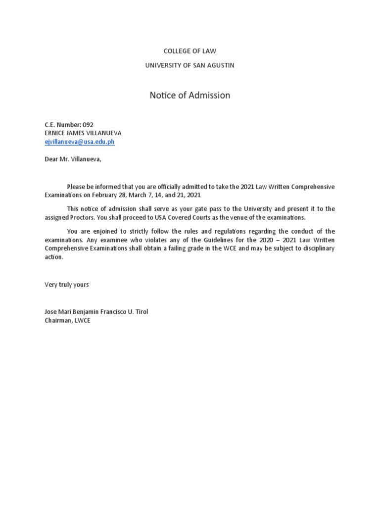 Notice of Admission
