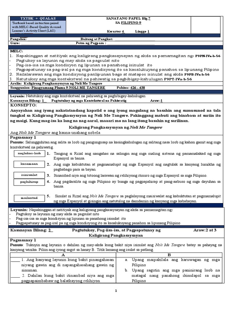 LAS - Q4 - Filipino 9 - W1 | PDF