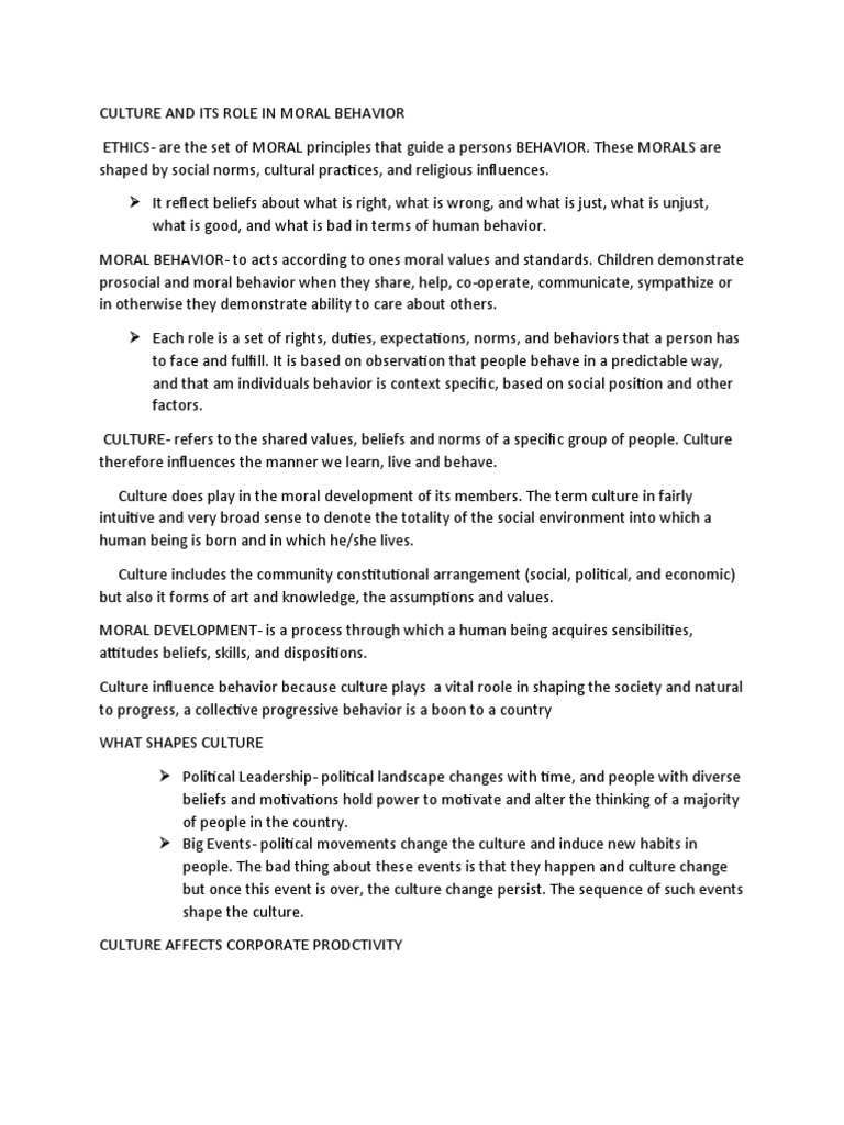 Culture and Its Role in Moral Behavior | PDF | Value (Ethics) | Morality