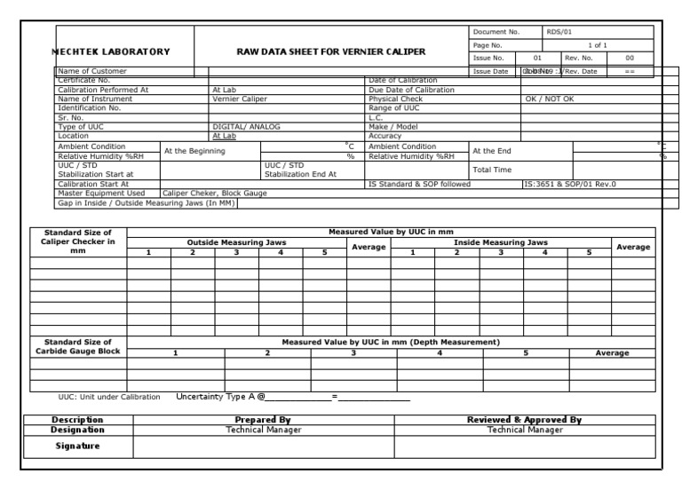 Mechtek Laboratory: Raw Data Sheet For Vernier Caliper | PDF ...