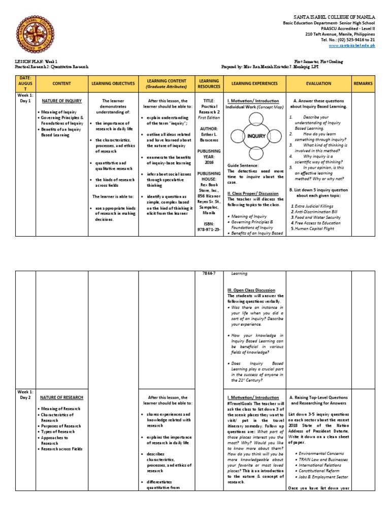 Lesson Plan: Week 1 First Semester, First Grading Practical Research 2 ...