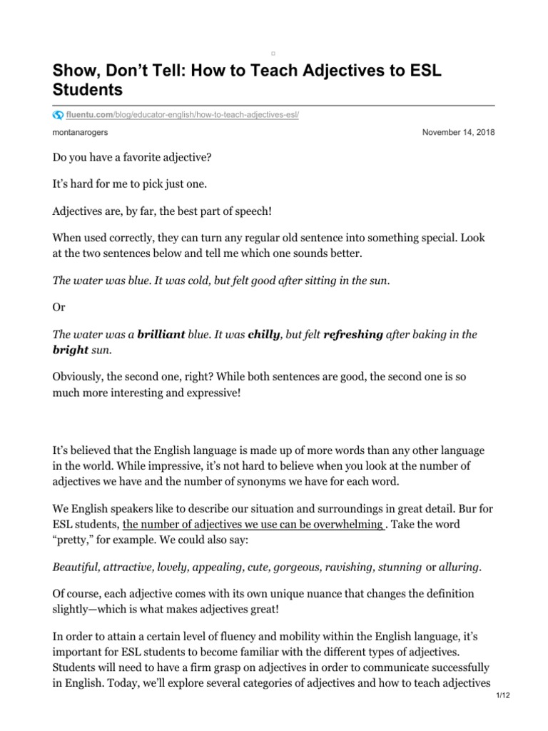 Show, Don't Tell: How To Teach Adjectives To ESL Students | PDF ...