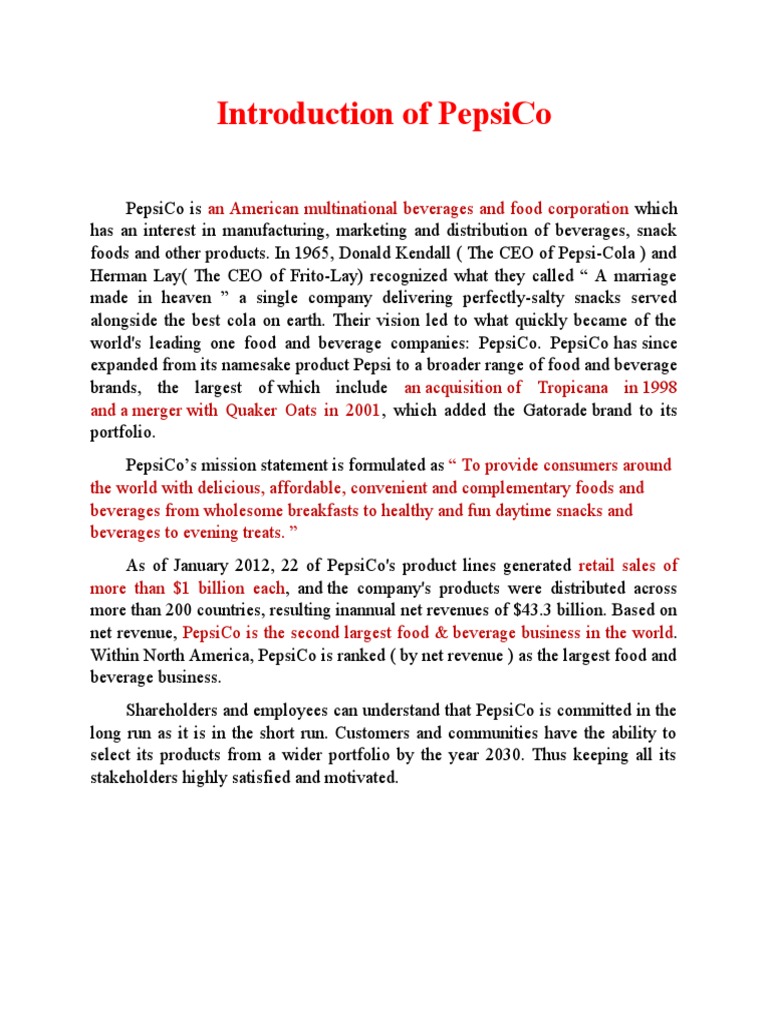 Introduction of Pepsico | PDF | Pepsi Co | Beverages