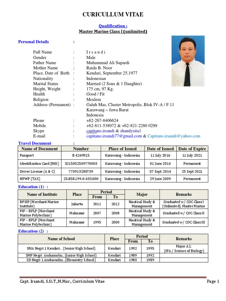 Master Mariner Irsandi's Impressive Curriculum Vitae Highlighting ...