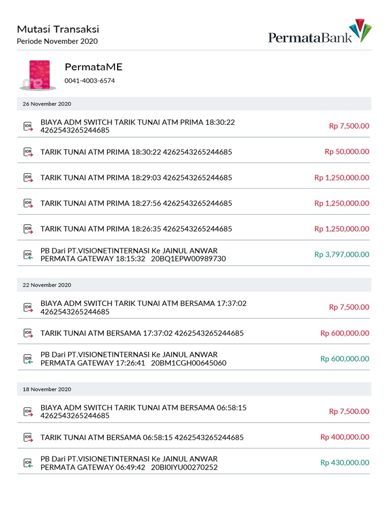 Mutasi Transaksi - PermataME6574 - 81202124833 | PDF | Banking