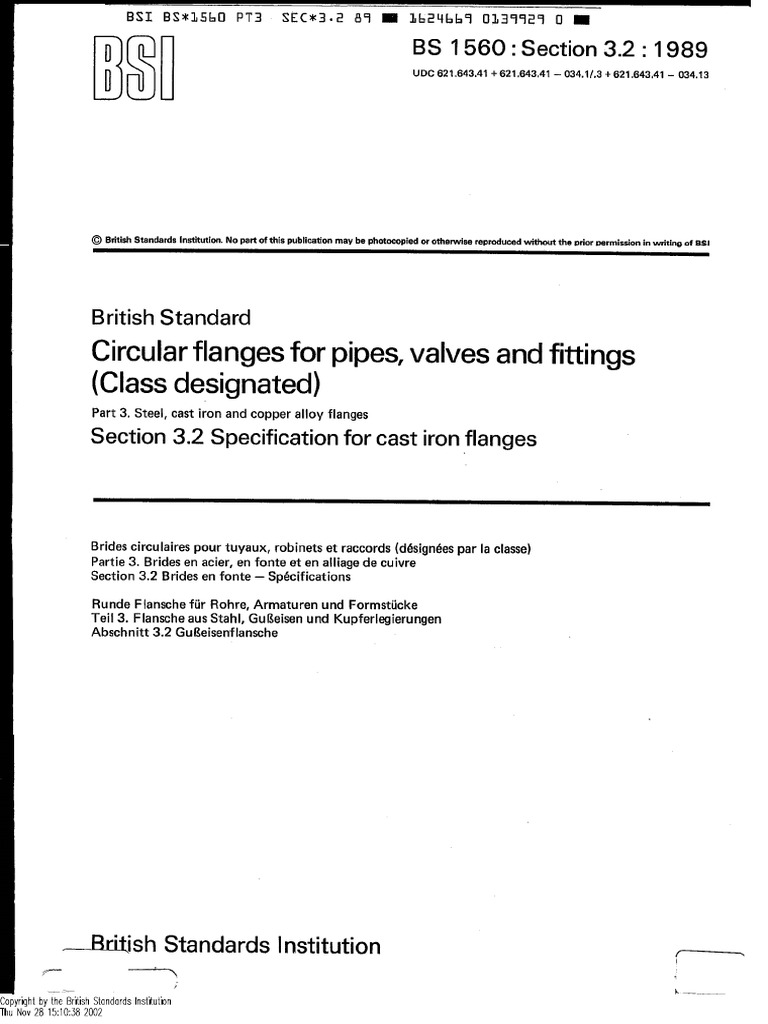 BS 1560 - Sec-3.2 - 1989 - CIRCULAR FLANGE FOR PIPE, VALVES AND FITTINGS | PDF