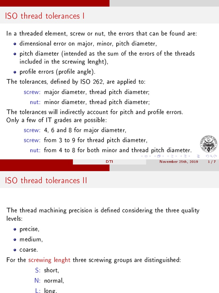 ISO Thread Tolerances I: Screw: Nut | PDF | Screw | Joining